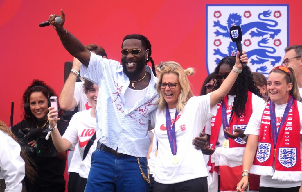 Watch Burna Boy sing with Lionesses manager Sarina Wiegman at Euro 2025 ...