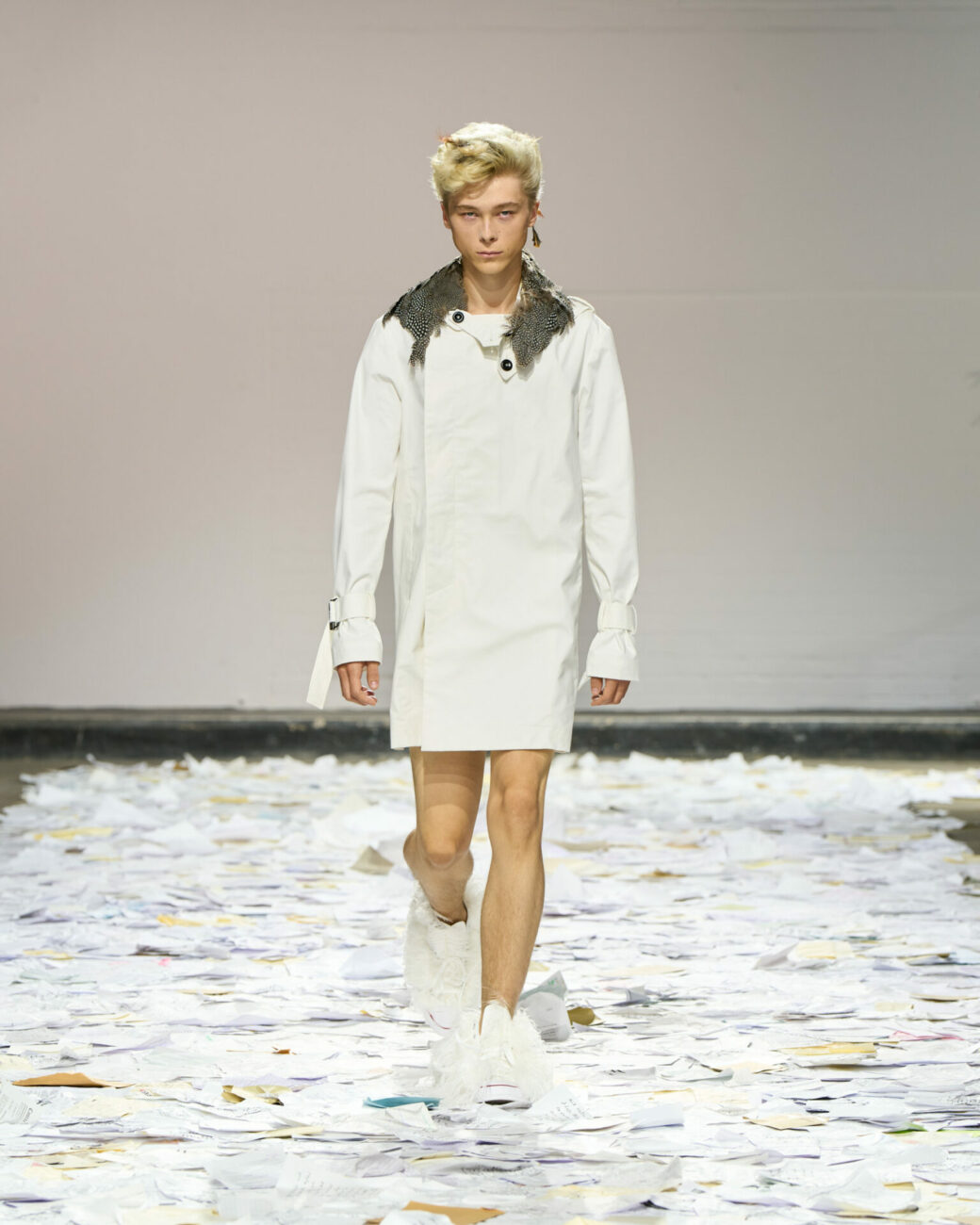 Oscar Ouyang swoops into London Fashion Week, feathers and all